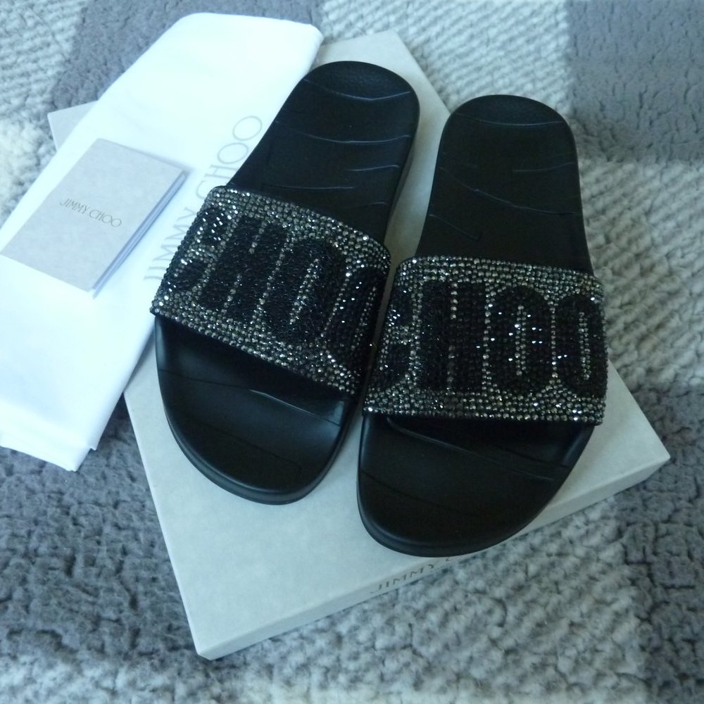 Jimmy Choo 'Rey' Crystal Logo Pool Slide Sandals 6 - Gem